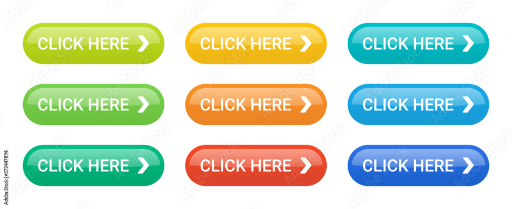 Button click here vector set for web design. Collection of colorful and trendy buttons with ...