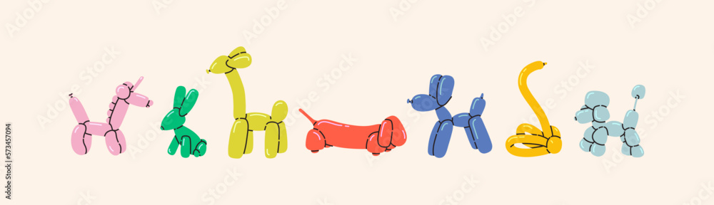 Vector de Stock Balloon animals set in vibrant colors. Dog, unicorn ...