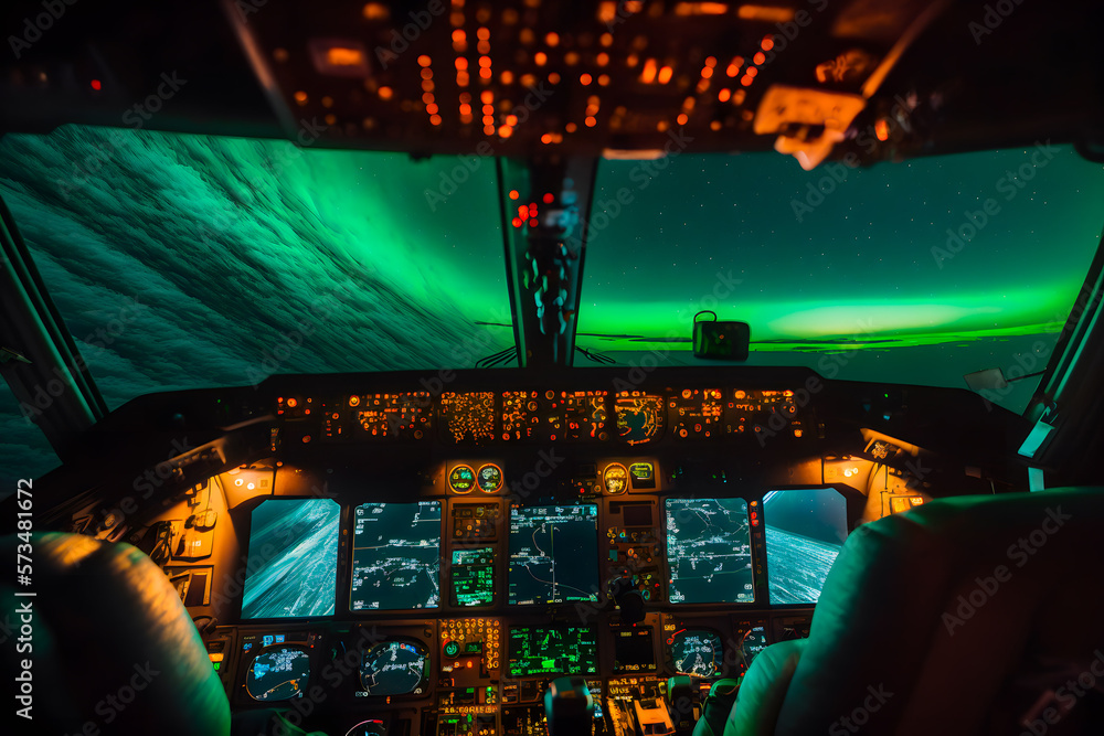 Northern Lights Aurora Borealis green with passenger plane flying above ...