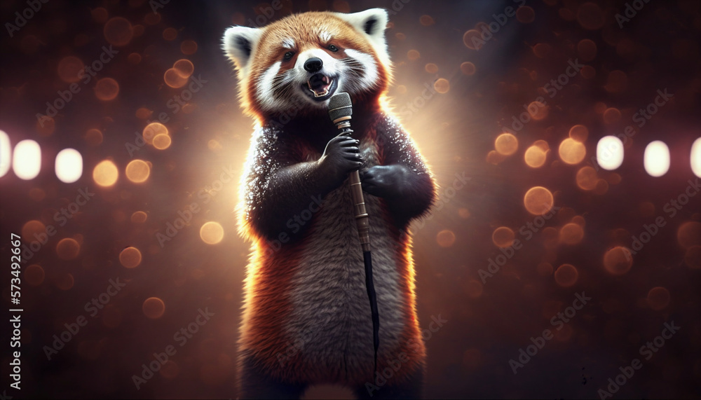 cute funny red panda singing in microphone on empty glowing stage ...
