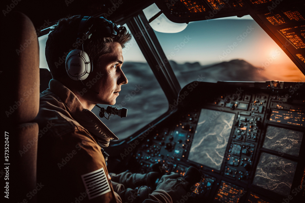 A photogenic portrait of pilot stands in his cabin, his hand resting on ...