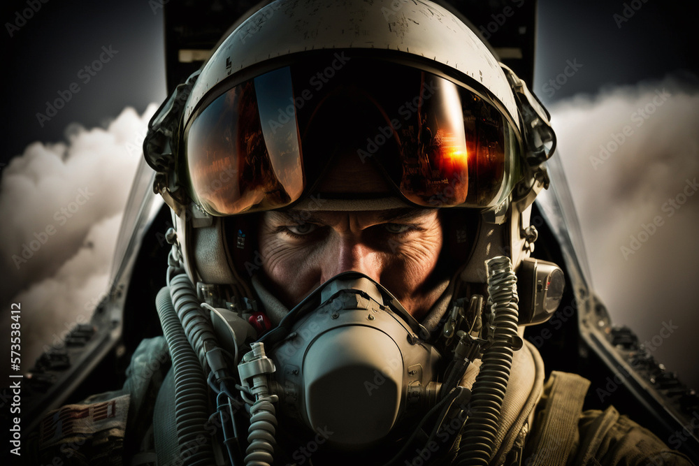 Mid-flight, a jet fighter pilot is captured in a close-up shot ...