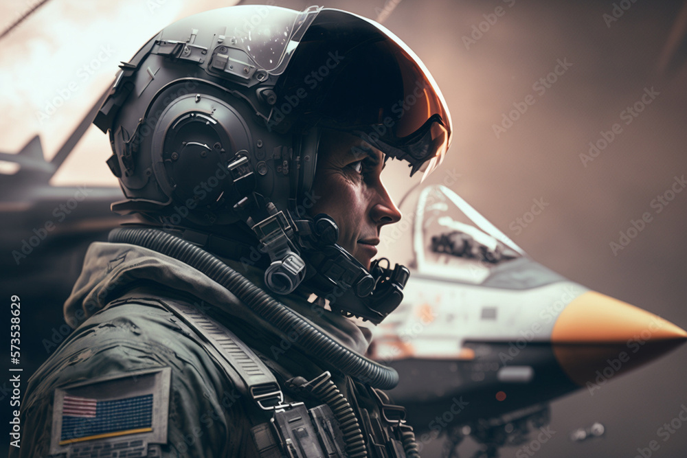 skilled jet fighter pilot stands beside his aircraft, wearing a modern ...