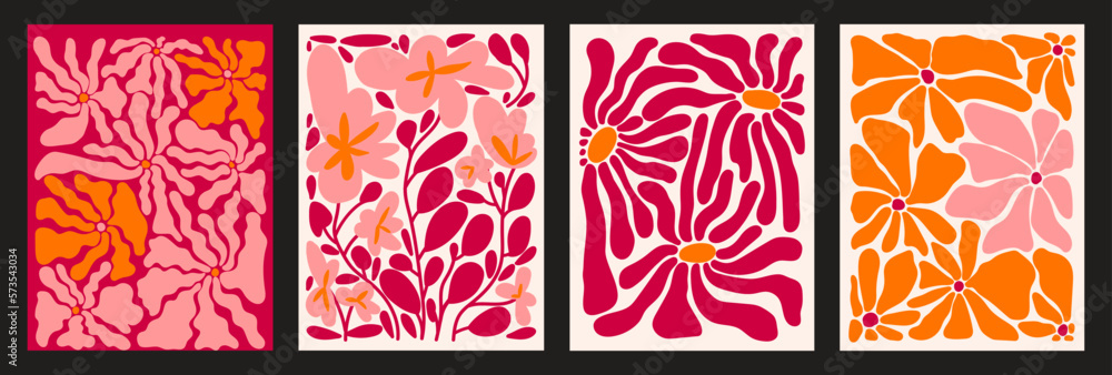 Groovy posters of the 90s with flowers. Cartoon psychedelic style ...