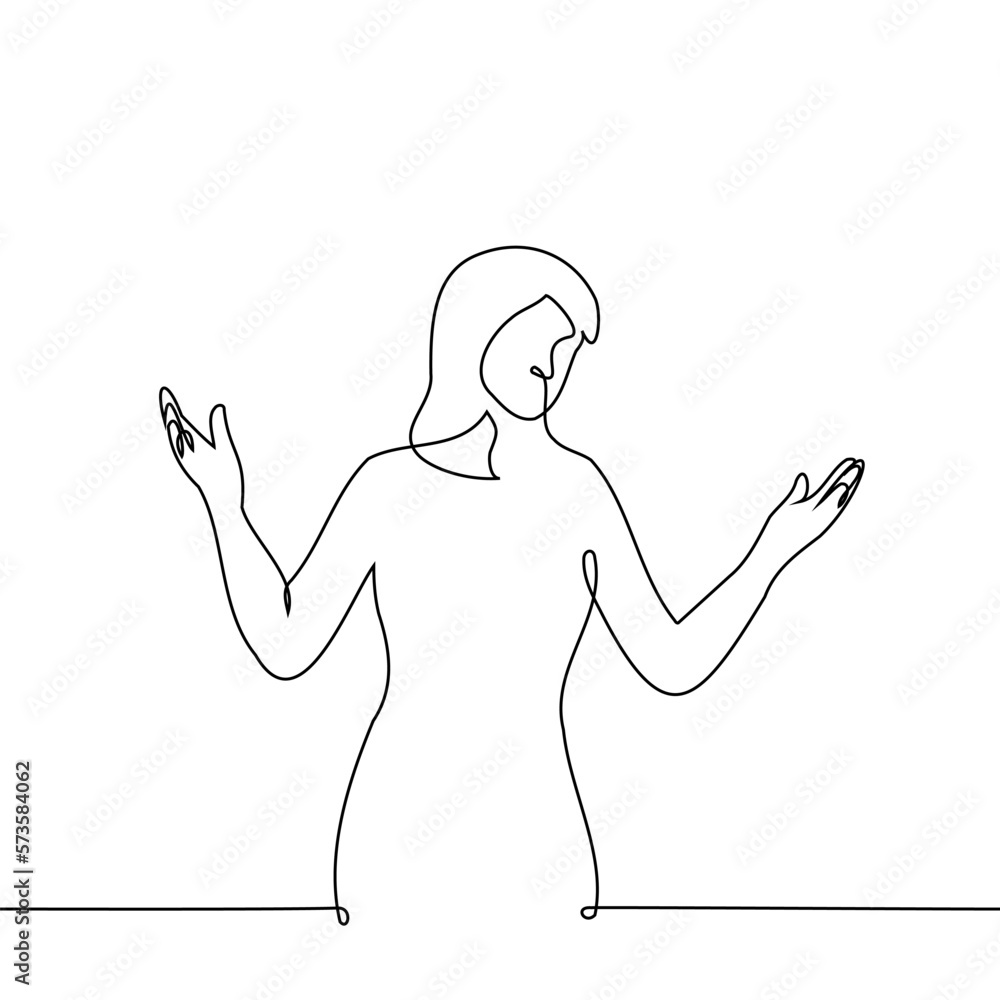 woman raised and spread her hands to the side with her head tilted ...