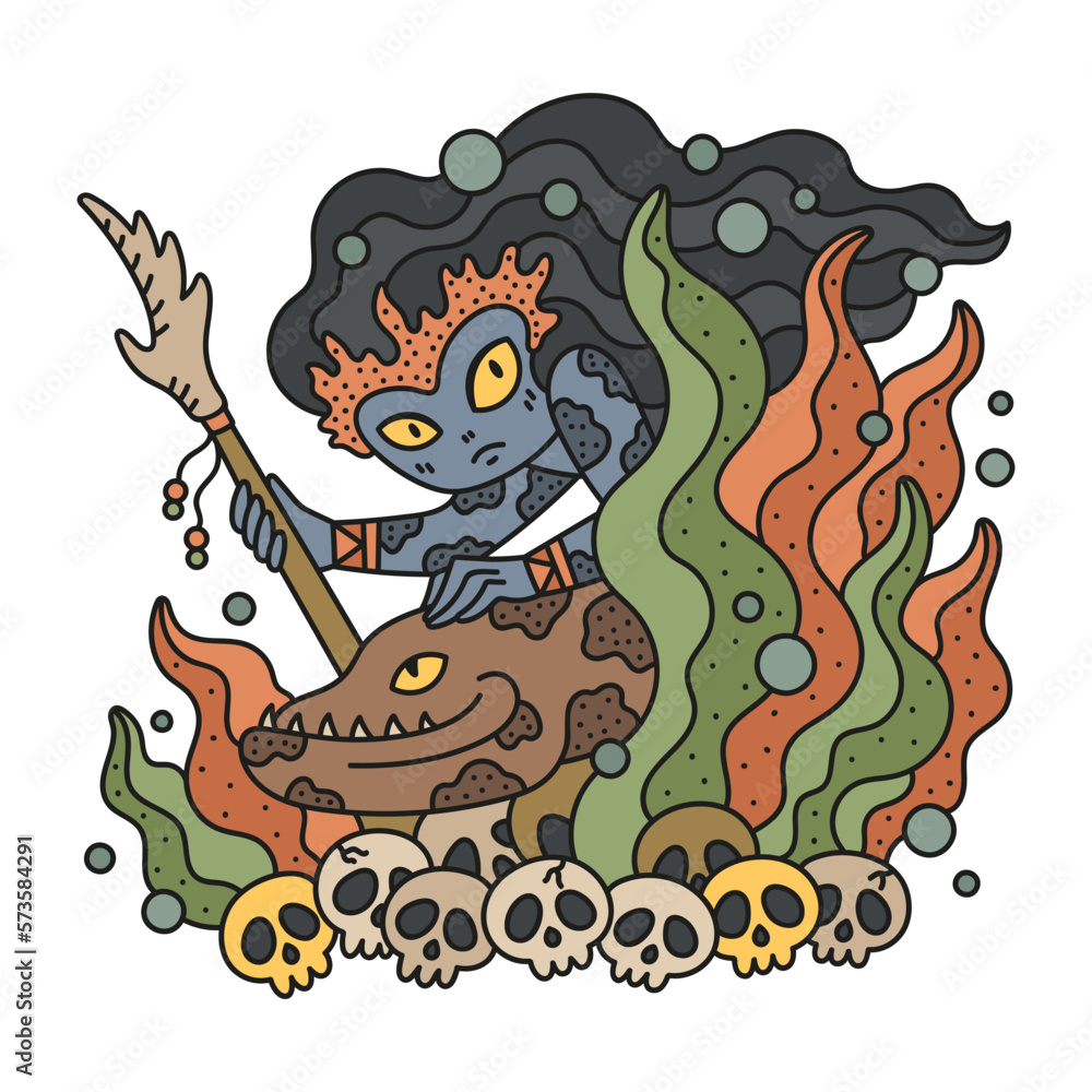 Wild mermaid princess with her pet. Moray eel and underwater cute girl ...