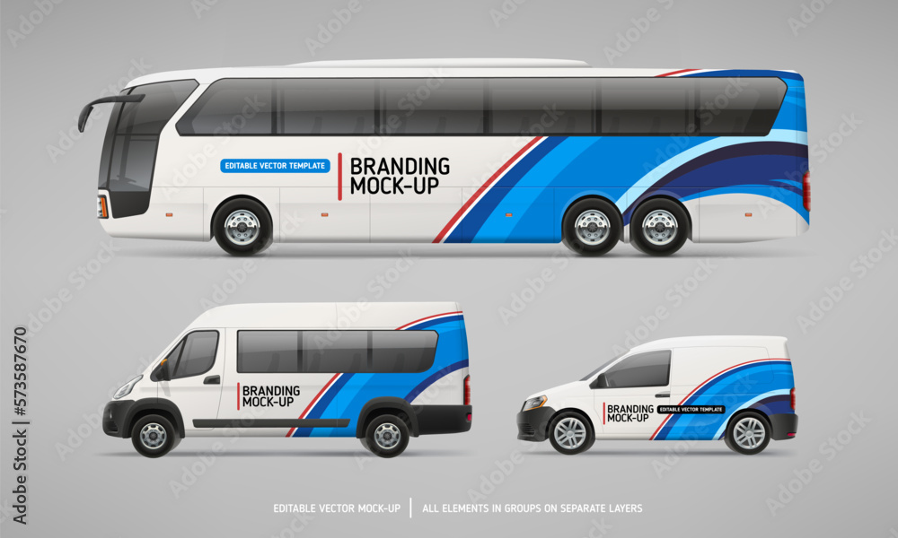 Coach Bus, Passenger Van and Company Car vector Mockup set. Abstract ...
