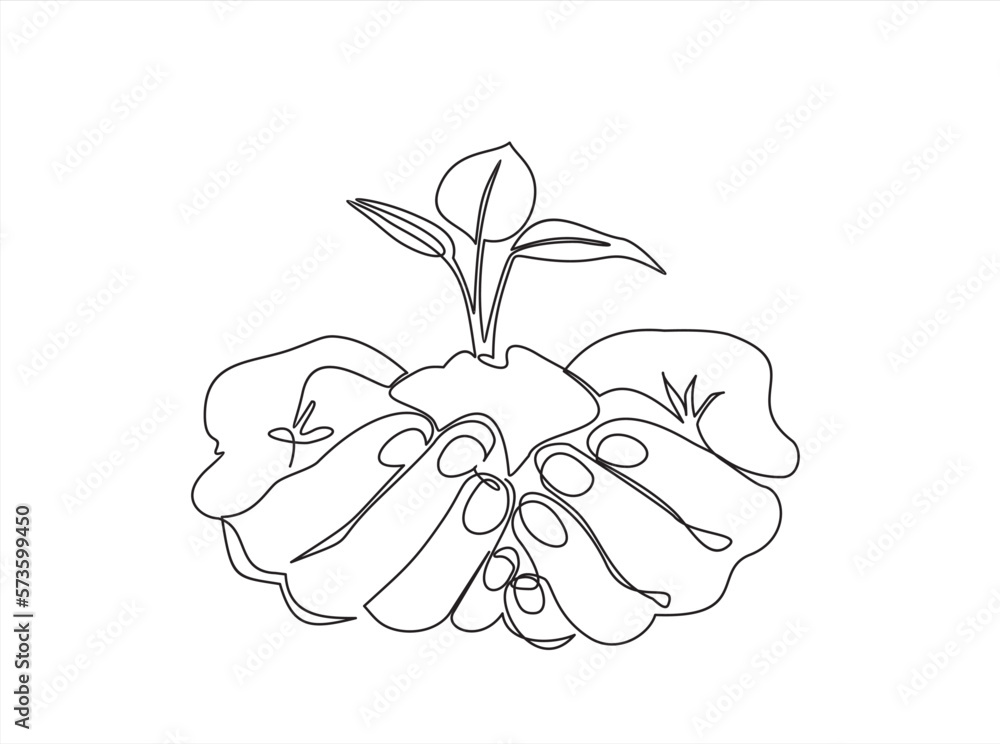 Single continuous line of hands holding tree leaf. Plant leaves grow ...