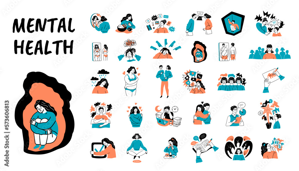 Cartoon Color Mental Health and Psychology Concept Set Flat Design ...