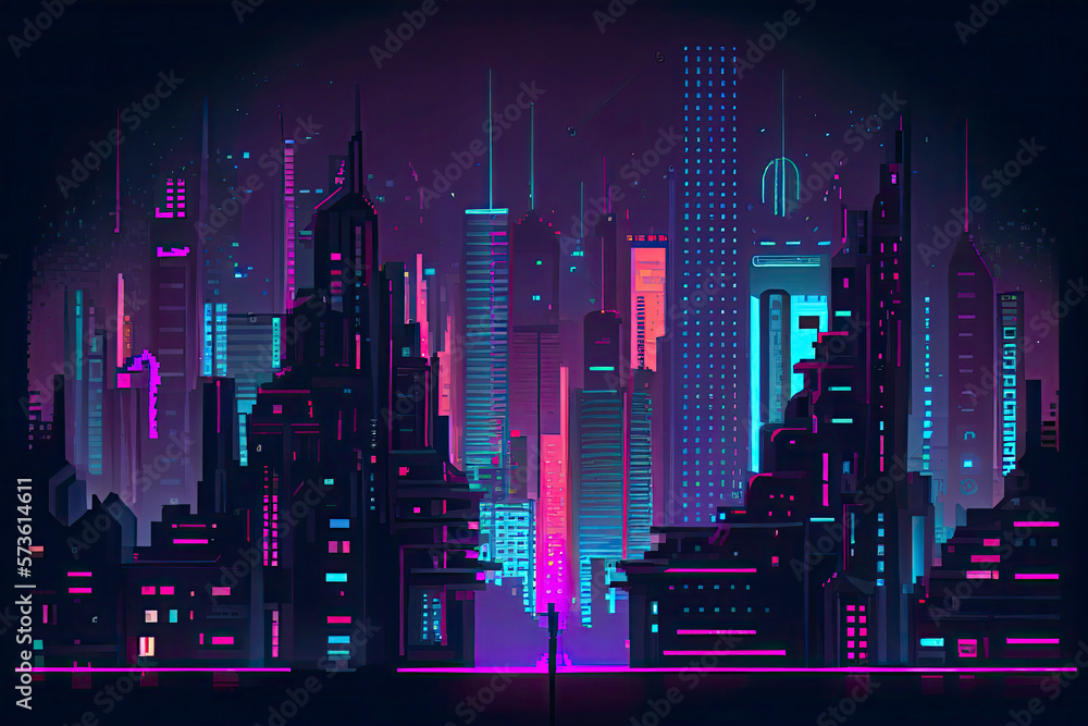 Cyberpunk neon city night. Futuristic city scene in a style of pixel ...