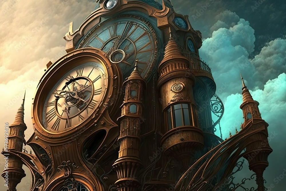 Steampunk grand clock tower, industrial cityscape background ...