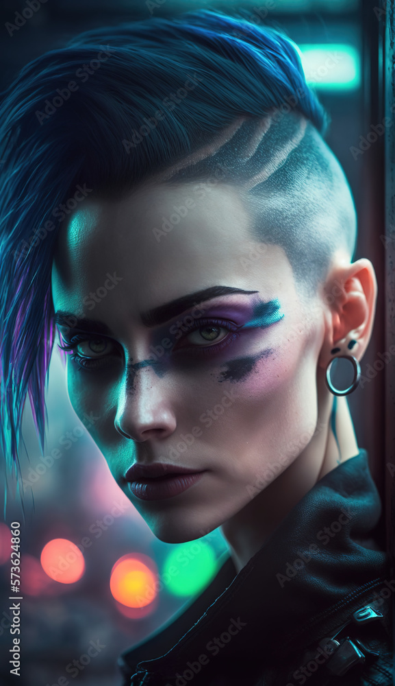 Portrait of a beautiful futuristic punk girl. Queen of rebellion and ...