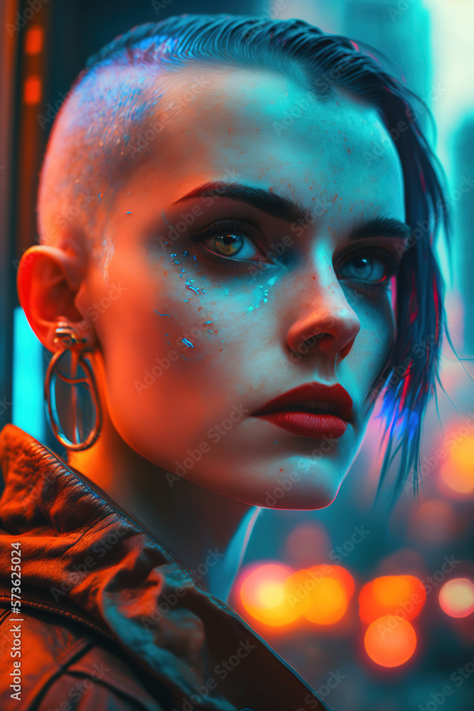 Portrait of a beautiful futuristic punk girl. Queen of rebellion and ...
