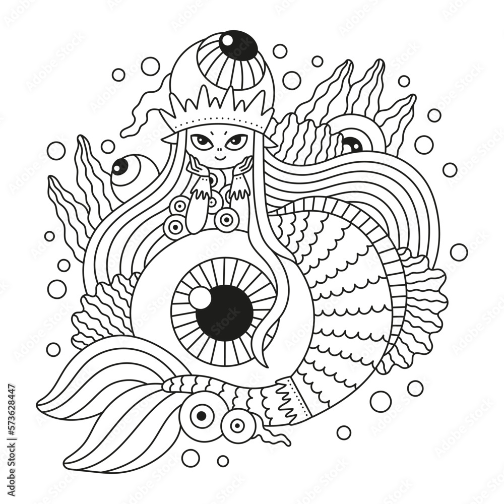 Funny little mermaid with big eye. Underwater sea monster girl. Scary ...