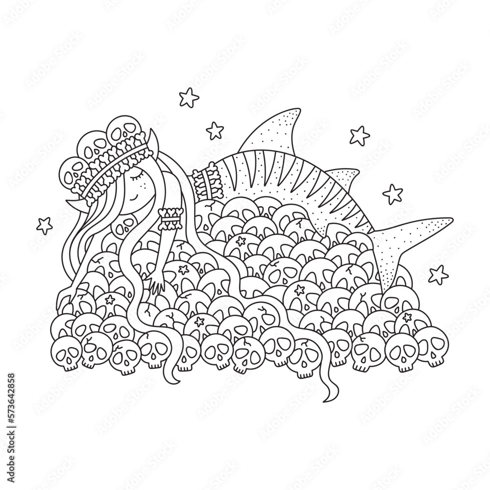 Little shark mermaid. Beautiful sea fish princess. Scary underwater ...