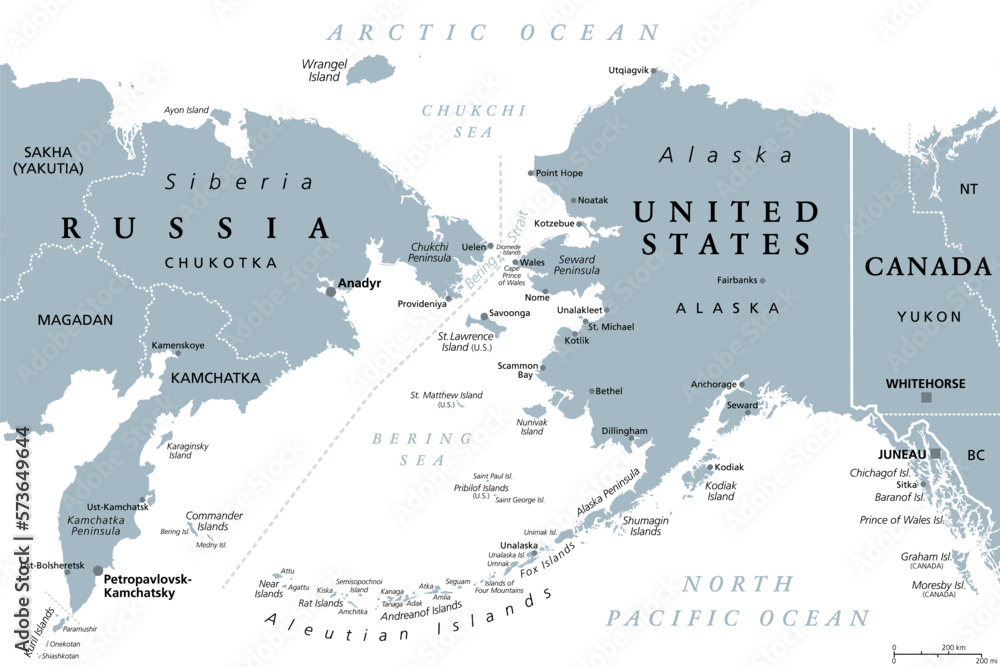 Russia and United States, maritime boundary, gray political map. The ...