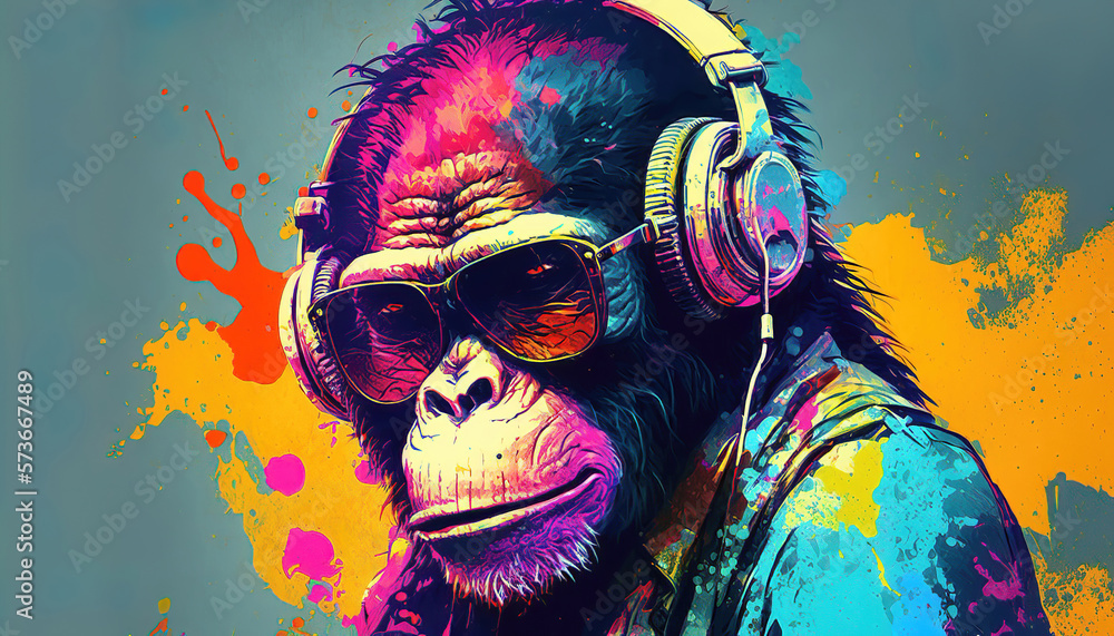 portrait of a party monkey ape with headphones on a colorful abstract ...