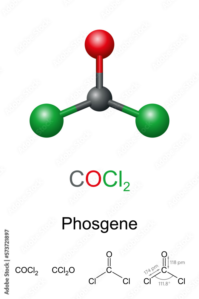 Phosgene, carbonyl dichloride, ball-and-stick model, molecular and ...