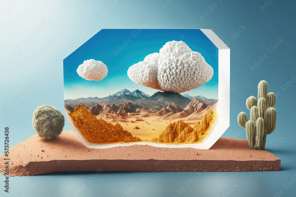 a picture of a soil sample, Scene of a desert with cacti, sand, and a ...