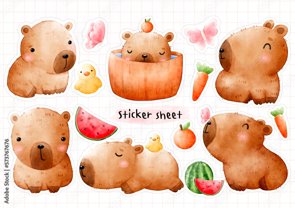 Cute Capybara Sticker Printable Sheet, Watercolor Capybara Stickers ...
