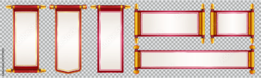 Chinese paper scroll vector banner set. Red and gold Japanese dialogue ...
