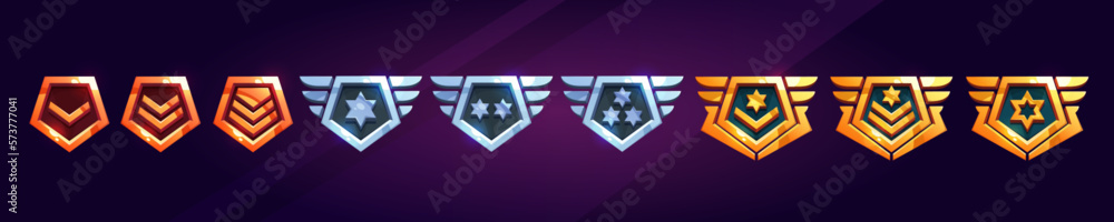 Military game rank icon vector set. Ui military badge medal. Gold ...