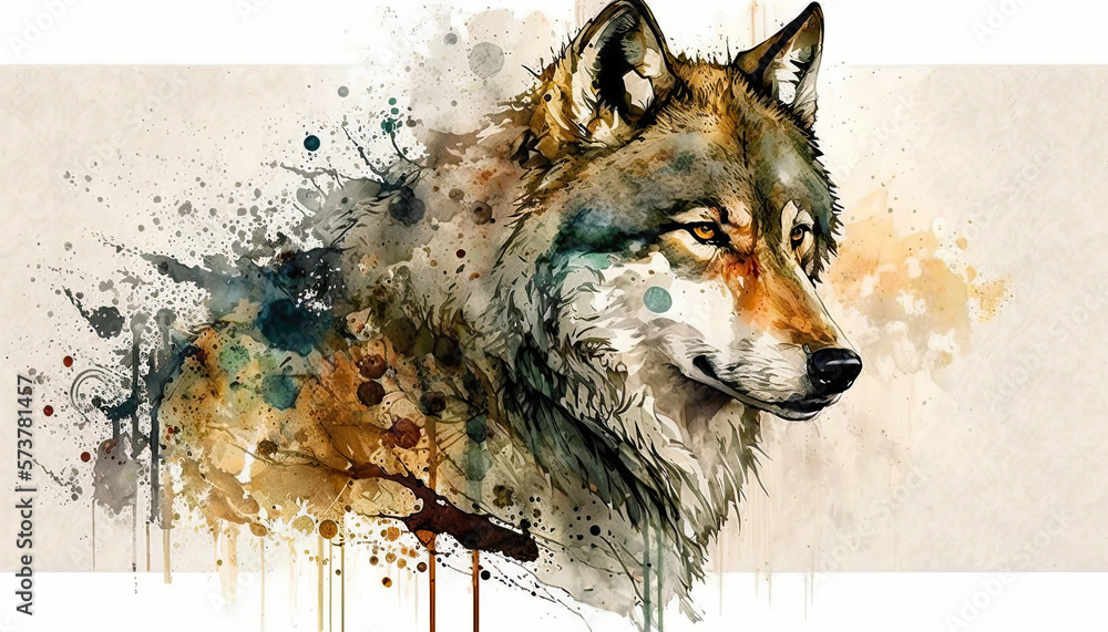 Beautiful Alaskan Wolf portrait in Watercolor illustration created with ...