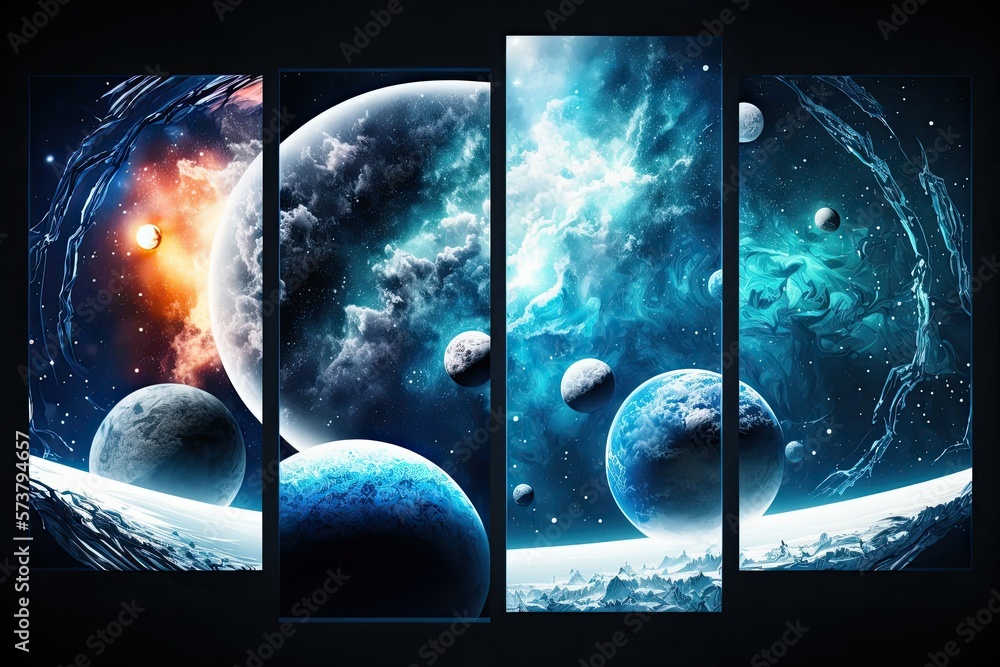Planets, stars, and galaxies in a space background. Panorama. Panels of ...