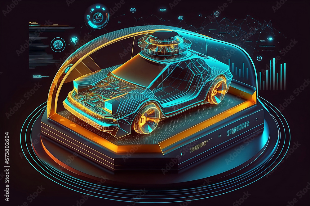 Concept of smart car technology. Car isometric hologram, in HUD style ...