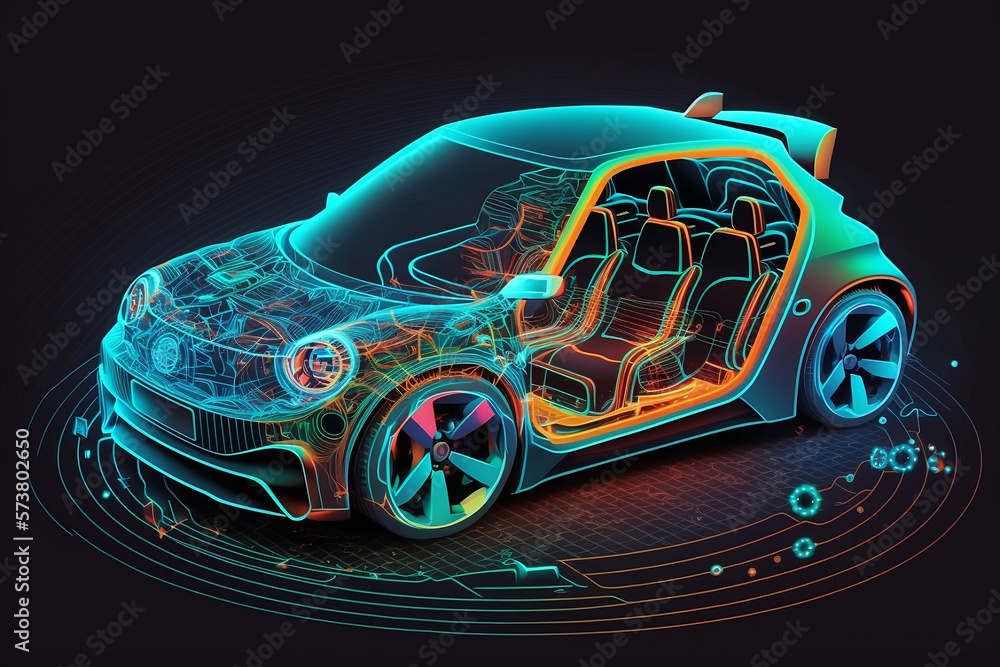 Concept of smart car technology. Car isometric hologram, in HUD style ...