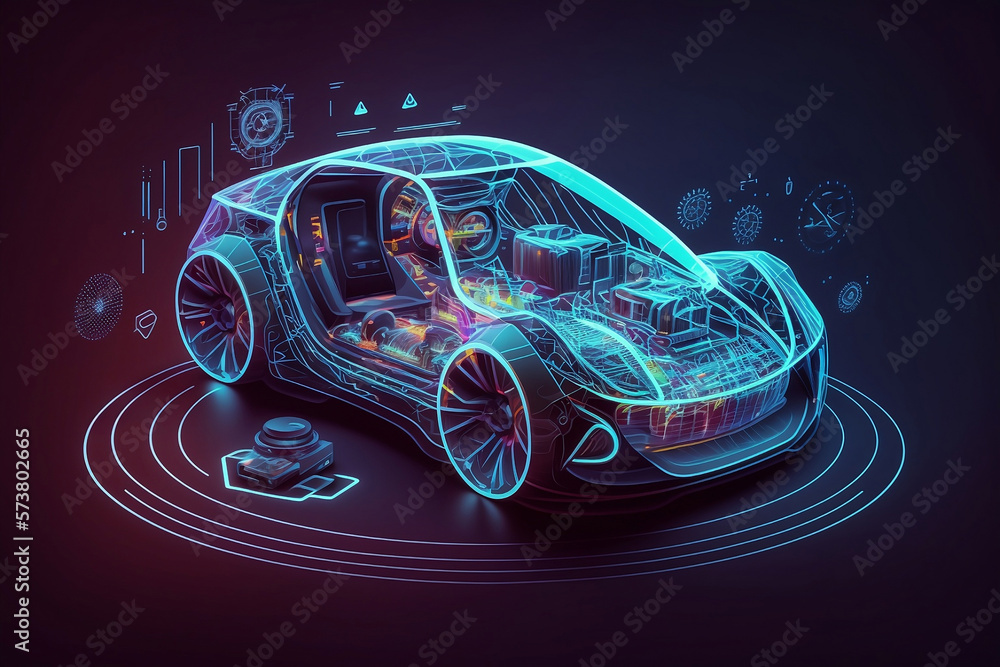 Concept of smart car technology. Car isometric hologram, in HUD style ...