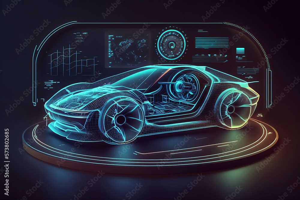 Concept of smart car technology. Car isometric hologram, in HUD style ...