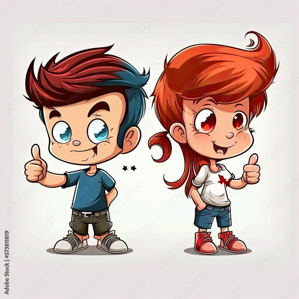 Thumb up signal, boy and girl cartoon character, vector illustration ...
