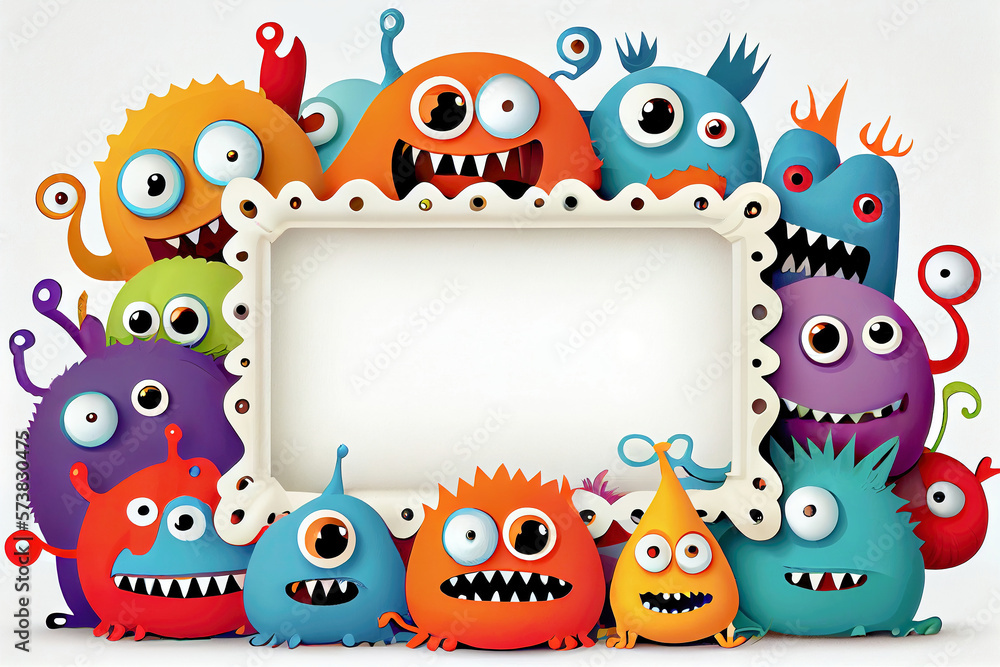 Cute Cartoon Monsters border frame on light white background mock-up ...