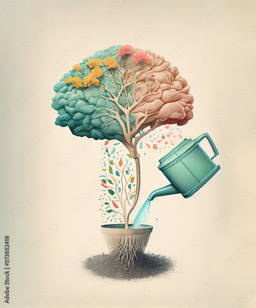 Human brain growing from a flower, watering can is pouring water on the ...
