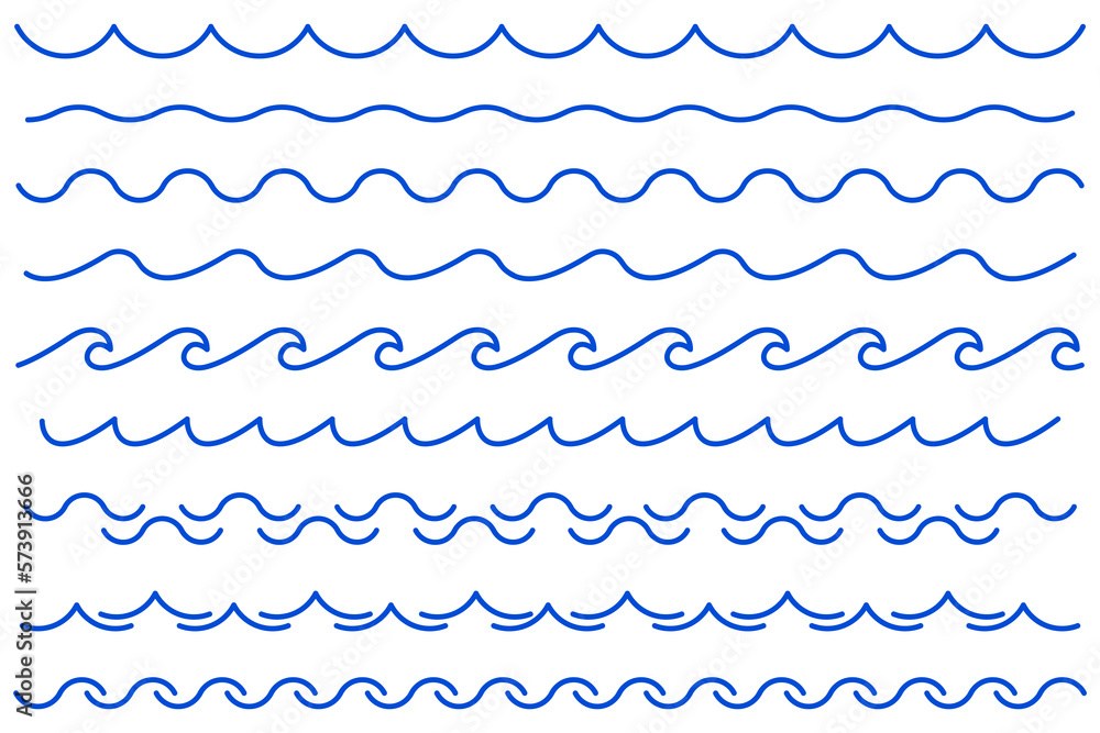 Sea wave icon set. Set of thin line waves. Various wave water lake ...