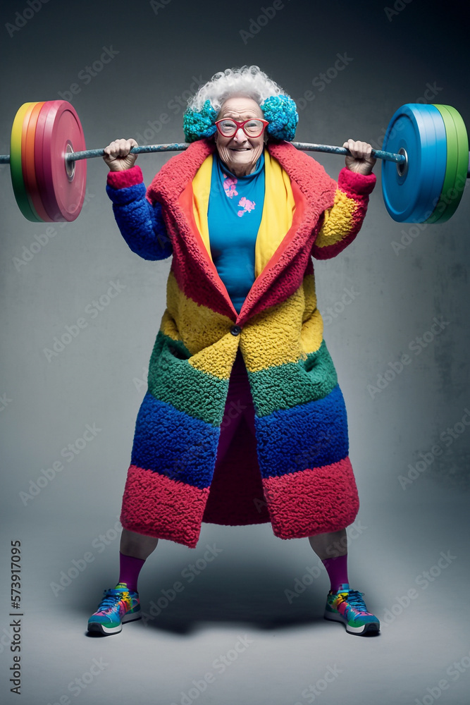Elderly smiling woman weightlifter lifting a very heavy barbell - AI ...