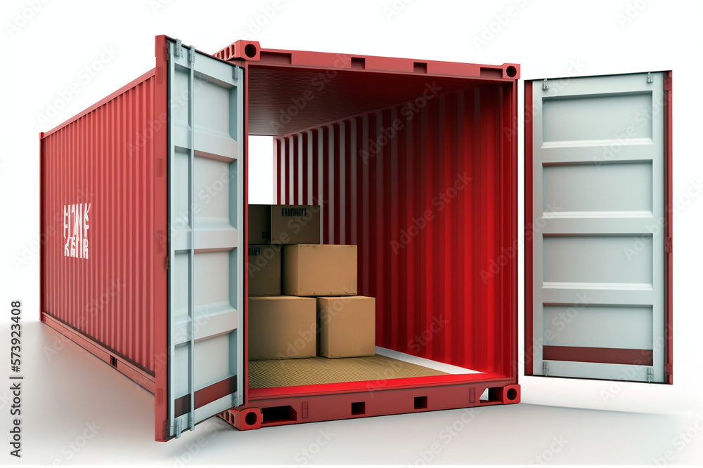 Illustration Stock Contenedor abierto con carga de cajas en fondo ...