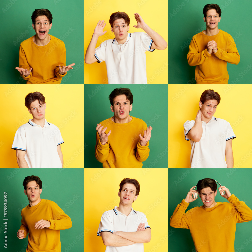 Collage made of closeup portraits of young man expressing different ...