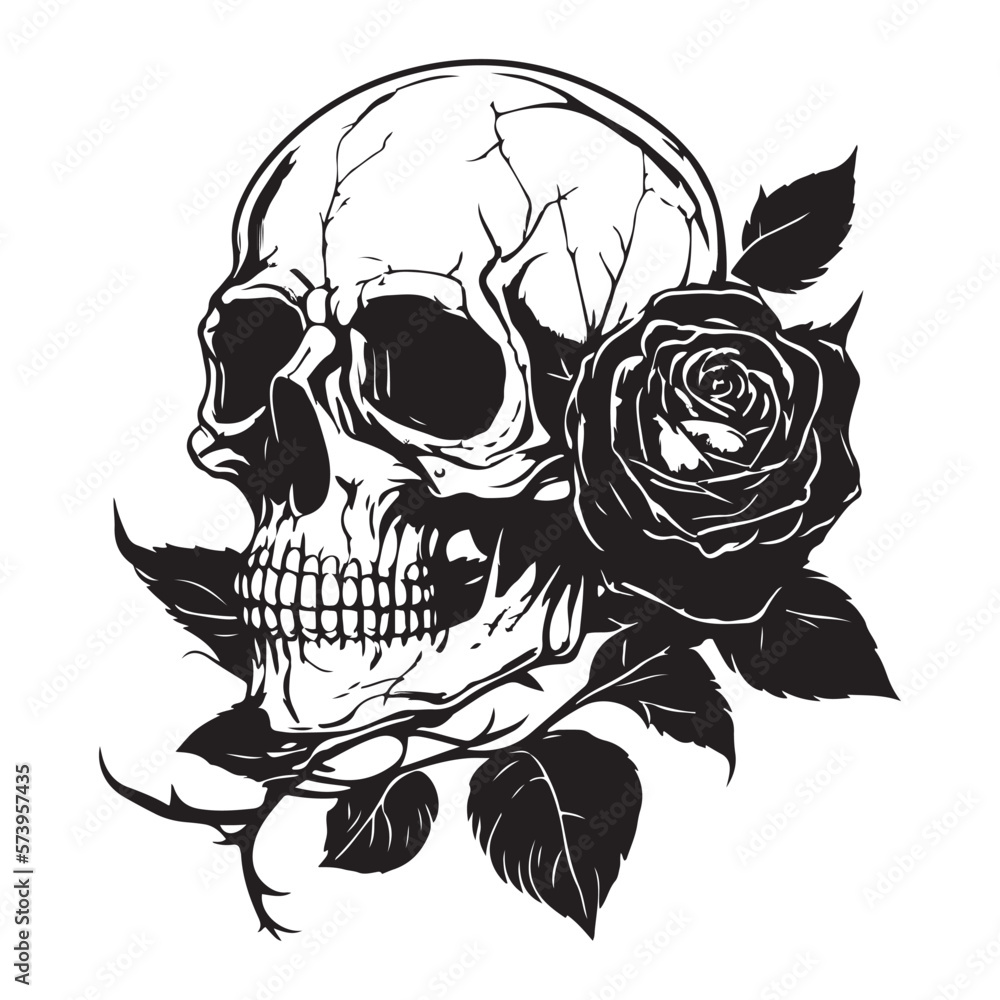Skull With Rose Flower Black Outline Vector. Human skull with rose ...