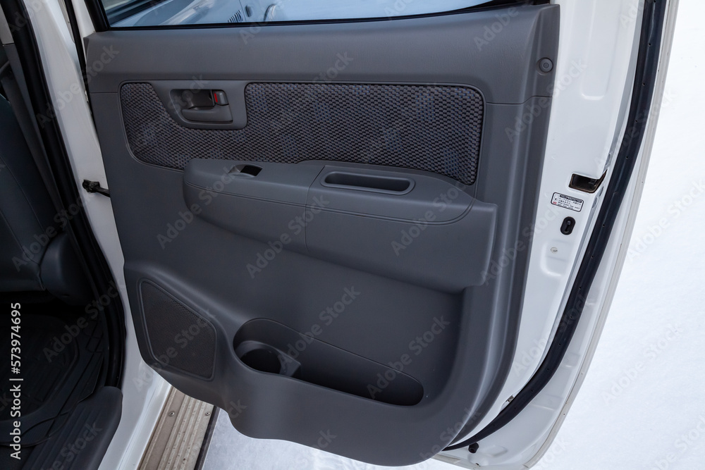 The interior of the car Toyota Hilux pickup with a view of the ...