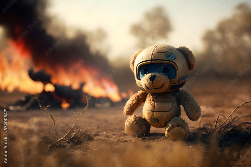 Toy bear sits background burning car accident. Concept terrorist attack ...