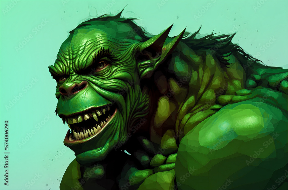 Portrait of terrifying green monster. Fantastic creature. Orc. Ogre ...