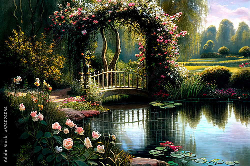 Beautiful Victorian garden with rose bush and bridge over pond with ...