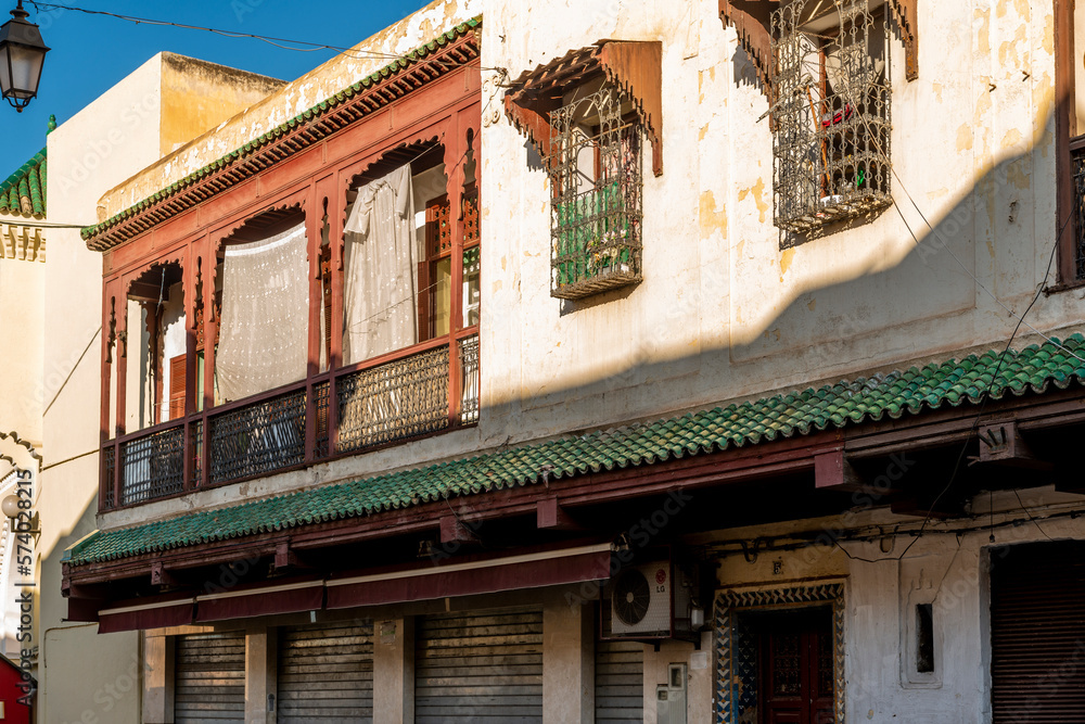 Beautiful view of street with typical arabic architecture in Fez ...