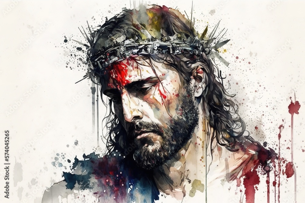 Wasserfarben Aquarell Gemälde vom leiden Jesus mit Dornenkrone. Symbol für die Oster-Geschichte ...