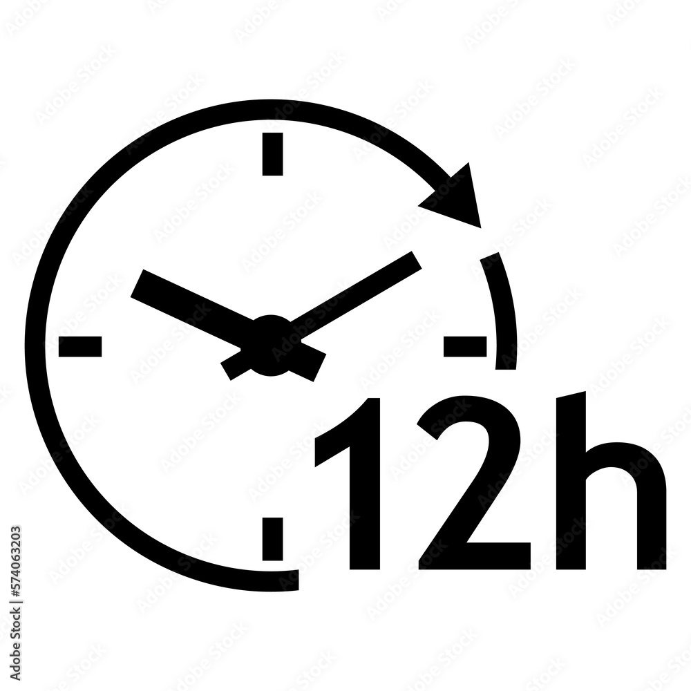 Logo con texto 12 h con silueta de esfera de reloj simple con líneas ...