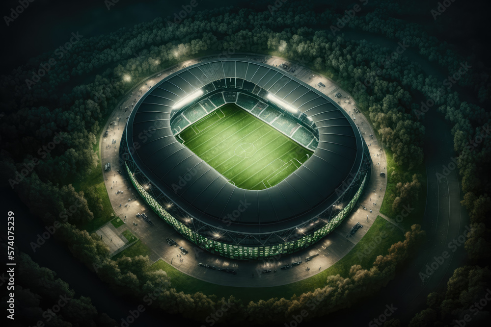 Stunning aerial view of a modern soccer stadium with filled seats ...