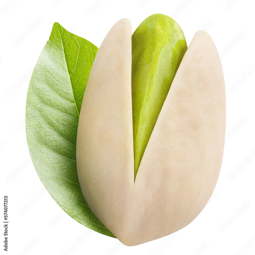 Stock-Foto „Single pistachio with leaf cut out“ | Adobe Stock