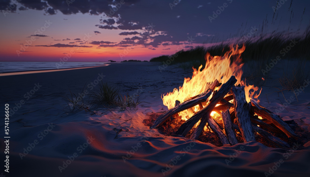 Beach bonfire fire sunset, ocean sea camping, summer night Stock ...
